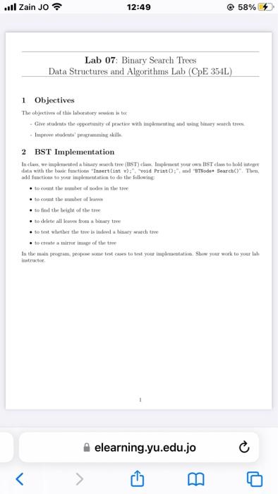 11 Zain JO 12:49 58% Lab 07: Binary Search Trees Data | Chegg.com