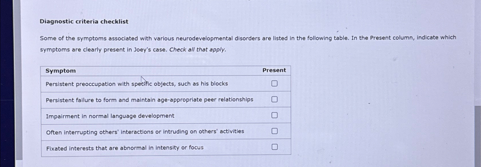 Solved Diagnostic criteria checklistSome of the symptoms | Chegg.com