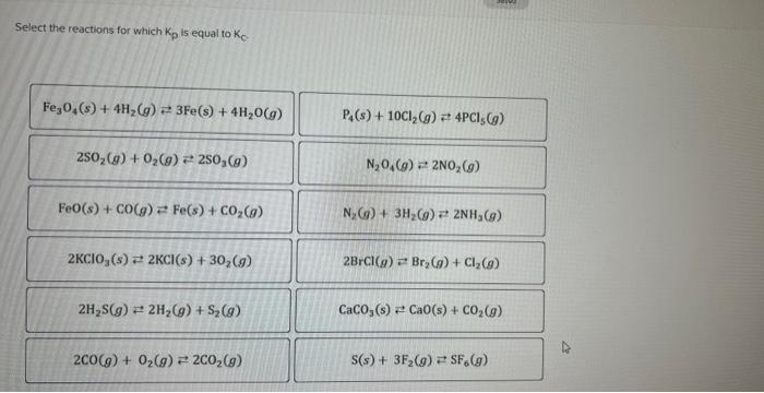 Solved Select the reactions for which Kp is equal to KC. | Chegg.com