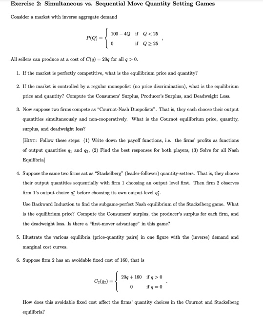 Solved Exercise 2: Simultaneous vs. ﻿Sequential Move | Chegg.com