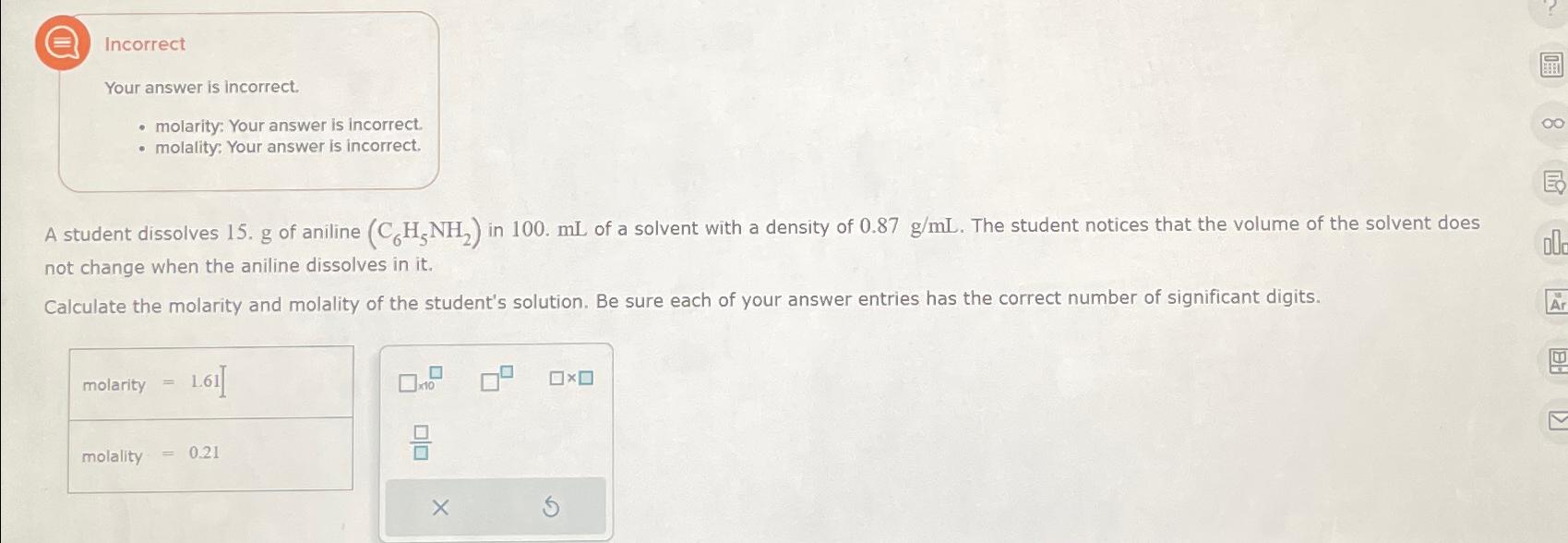 Solved IncorrectYour answer is incorrect.molarity: Your | Chegg.com