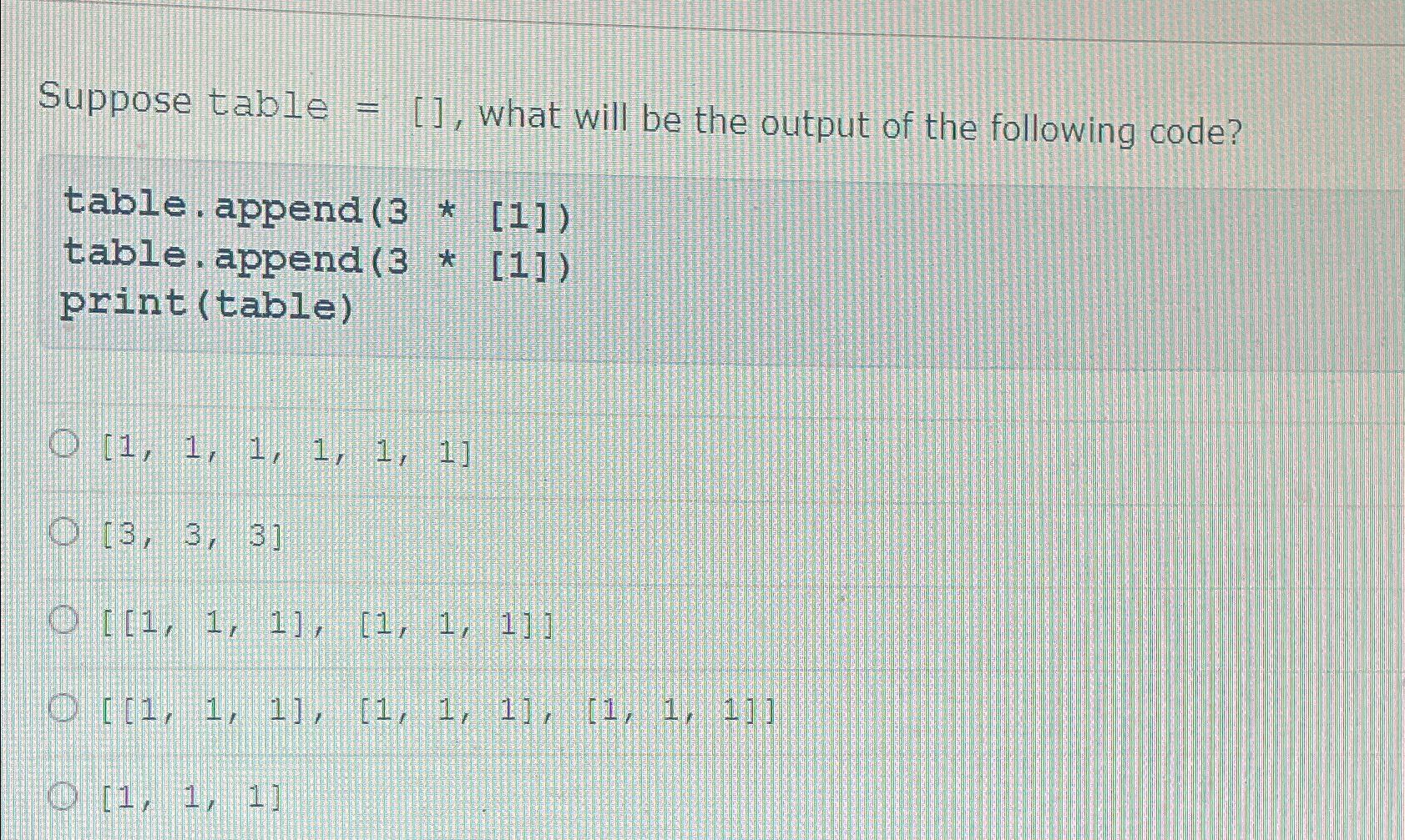 Solved Suppose table =[], ﻿what will be the output of the | Chegg.com