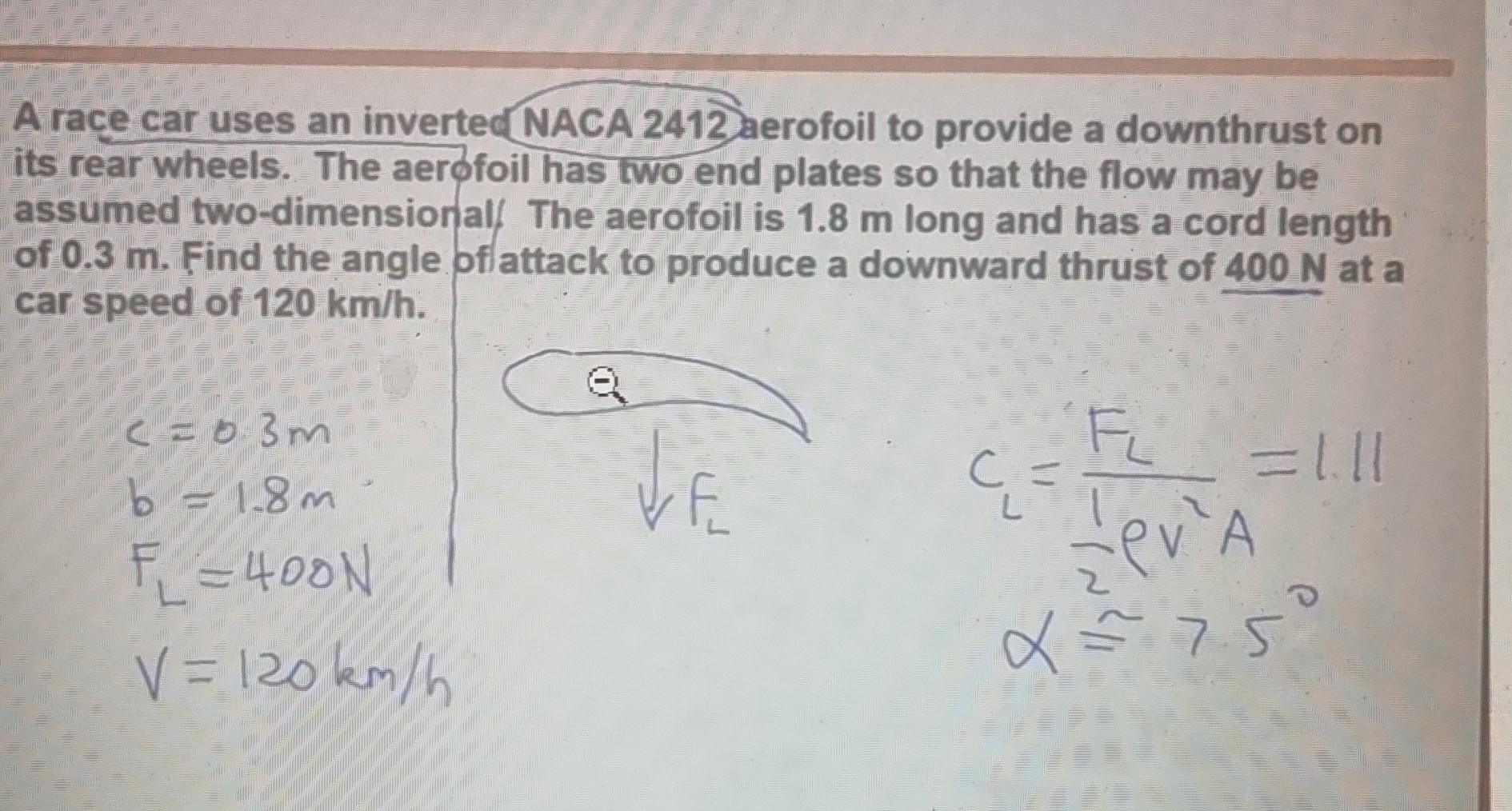A race car uses an inverted NACA 2412 aerofoil to | Chegg.com