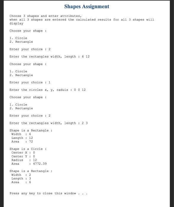 Solved Shapes Assignment Choose 3 shapes and enter | Chegg.com