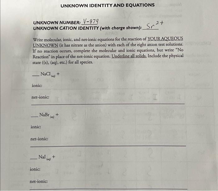 Solved UNKNOWN NUMBER: V-879 UNKNOWN CATION IDENTITY (with | Chegg.com