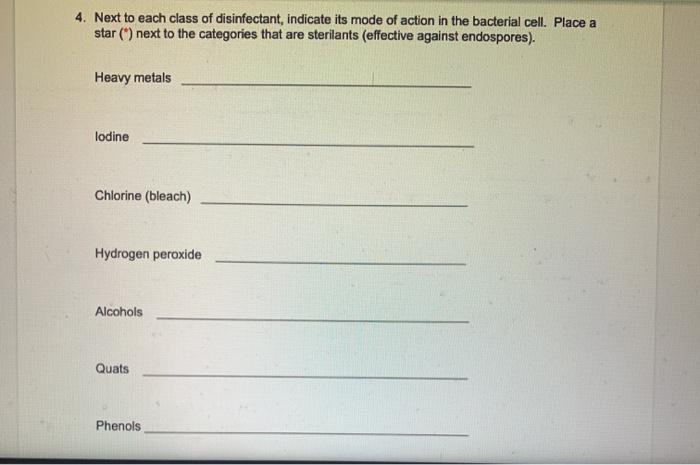 Solved 4. Next to each class of disinfectant, indicate its | Chegg.com