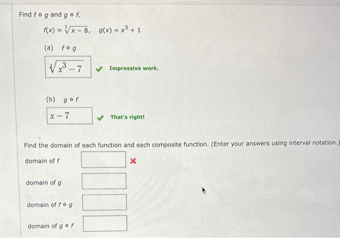 Solved Find f∘g and g∘f. f(x)=3x−8,g(x)=x3+1 (a) f∘g | Chegg.com