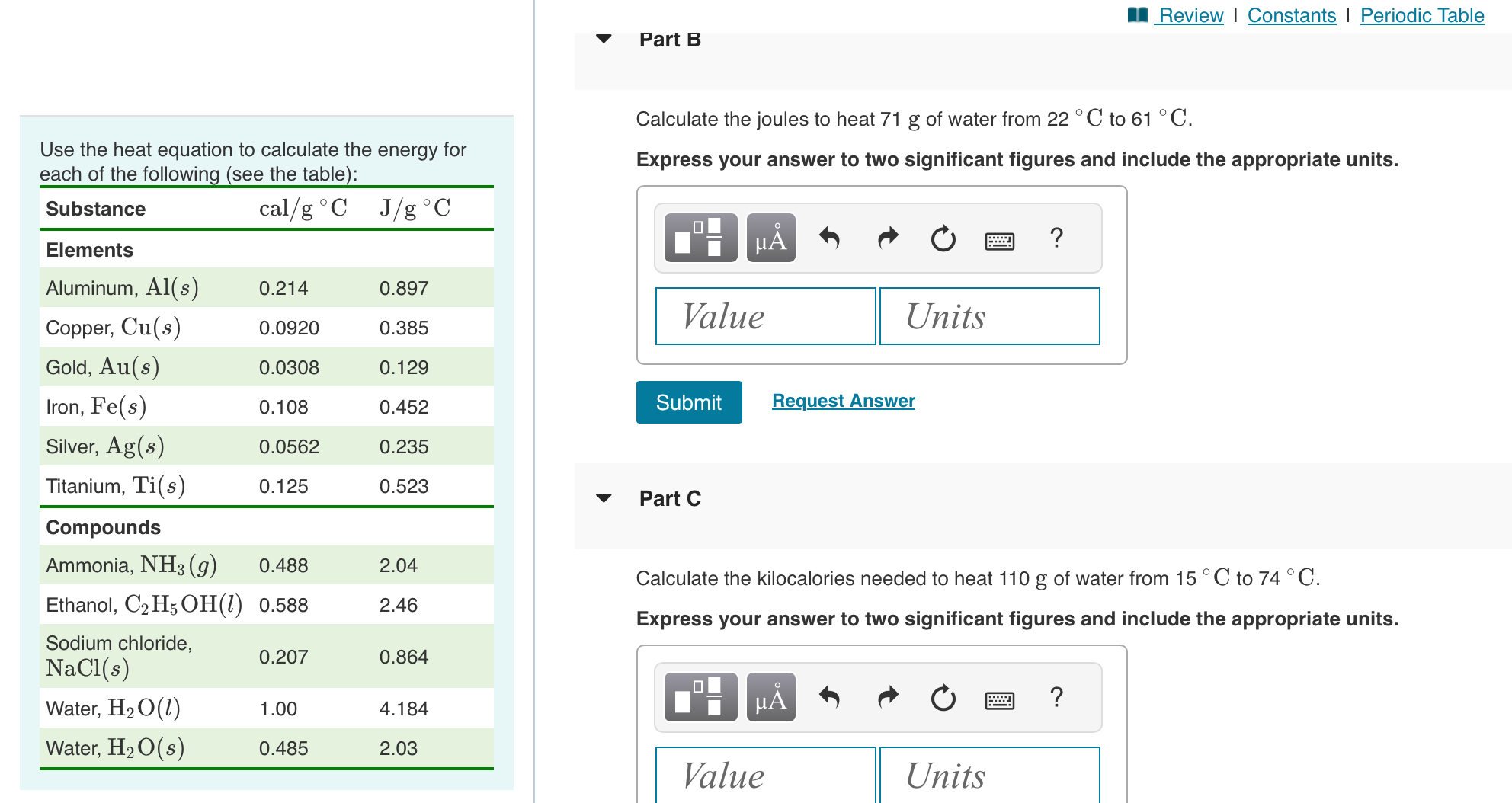Solved ReviewConstantsPeriodic TablePart BUse the heat | Chegg.com