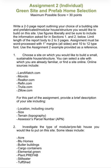 Solved Assignment 2 (Individual) Green Site and Prefab Home | Chegg.com