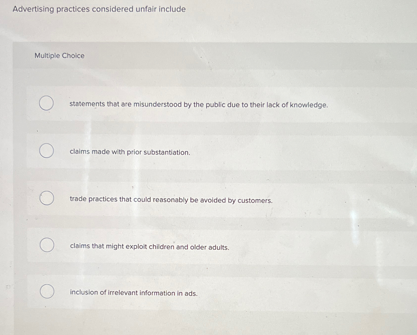 Solved Advertising practices considered unfair | Chegg.com