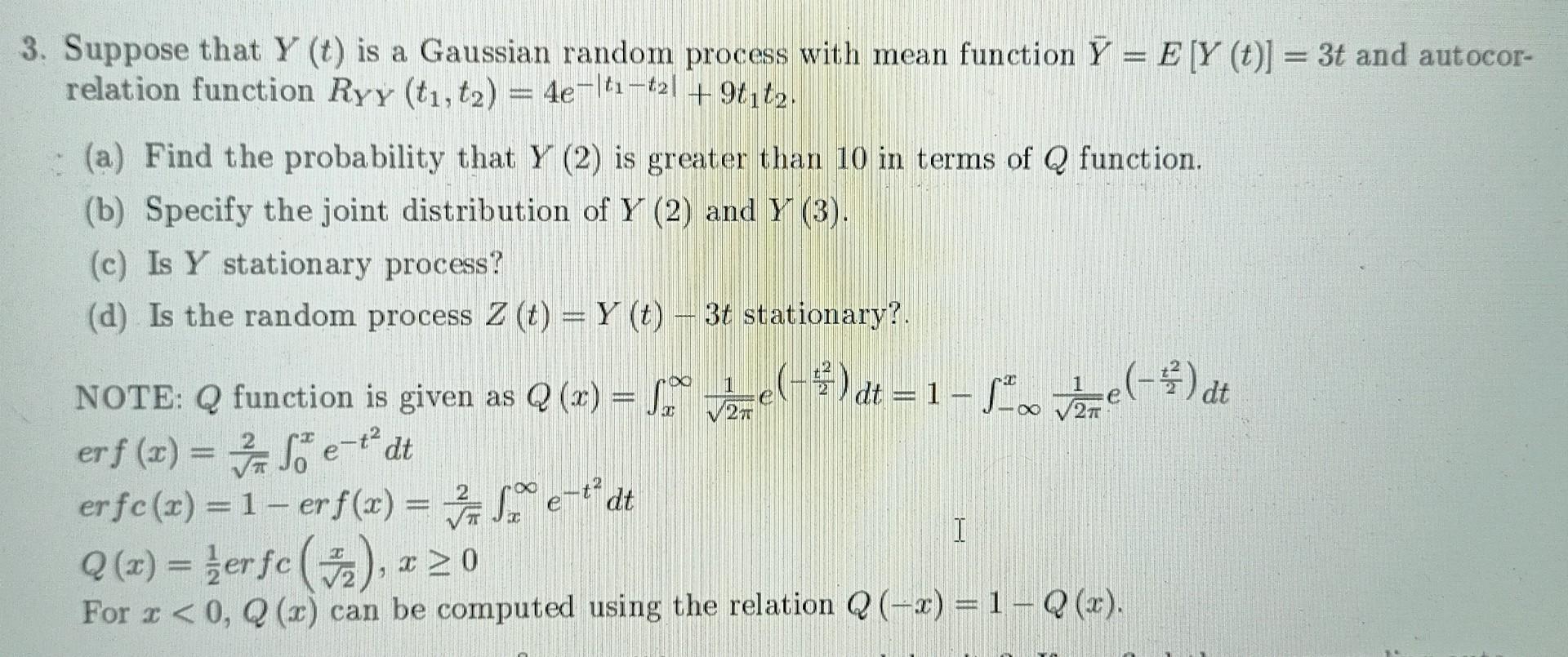 3. Suppose that Y(t) is a Gaussian random process | Chegg.com