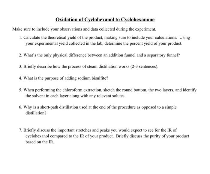 Solved Oxidation of Cyclohexanol to Cyclohexanone Make sure | Chegg.com