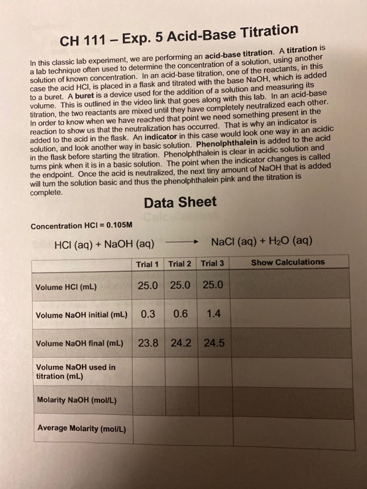 Solved CH 111 - Exp. 5 Acid-Base Titration In this classic | Chegg.com