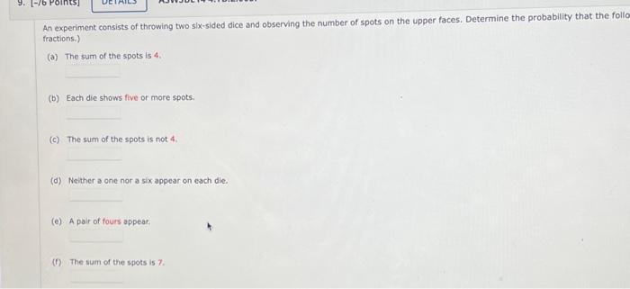 Solved An experiment consists of throwing two six-sided dice | Chegg.com