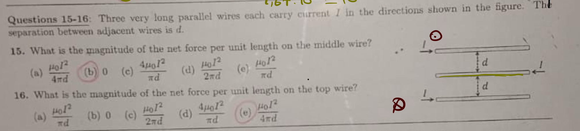 Solved Questions 15-16: Three very long parallel wires each | Chegg.com