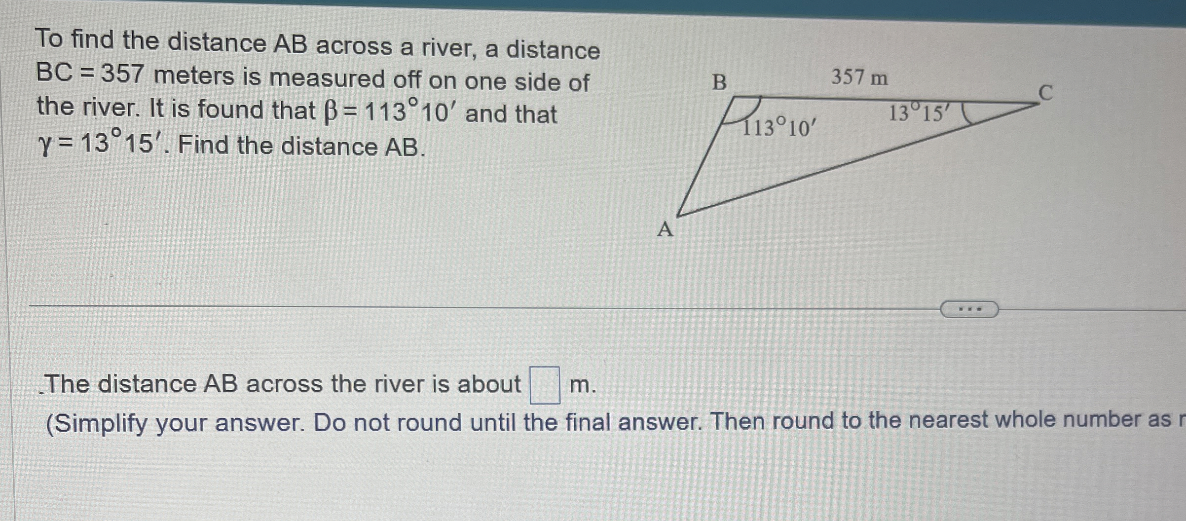 Solved To find the distance AB ﻿across a river, a distance | Chegg.com
