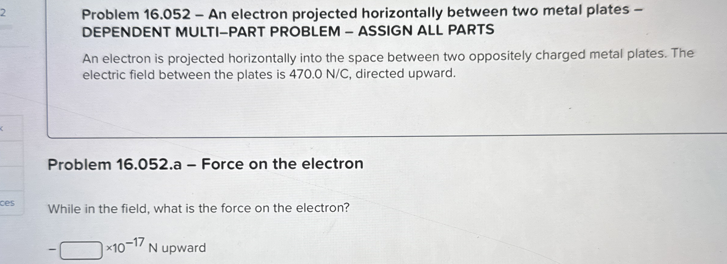 Solved Problem 16.052 - ﻿An electron projected horizontally | Chegg.com
