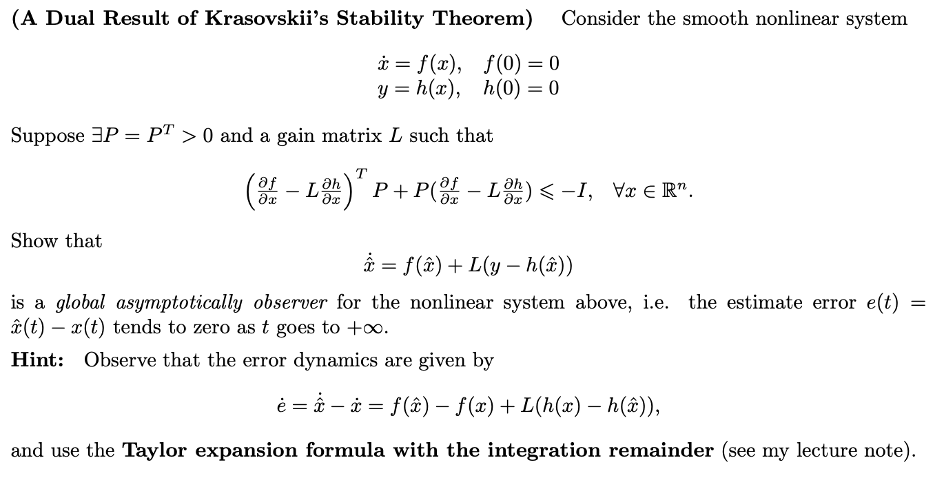 Solved (A Dual Result of Krasovskii's Stability | Chegg.com
