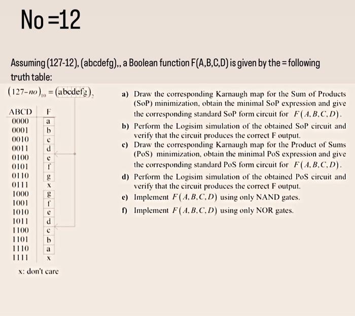 Solved No=12 Assuming (127-12), (abcdefg),, a Boolean | Chegg.com