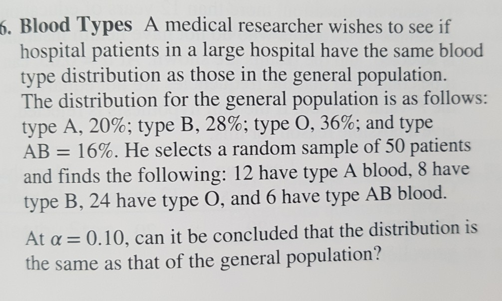 Solved 6. Blood Types A medical researcher wishes to see if | Chegg.com