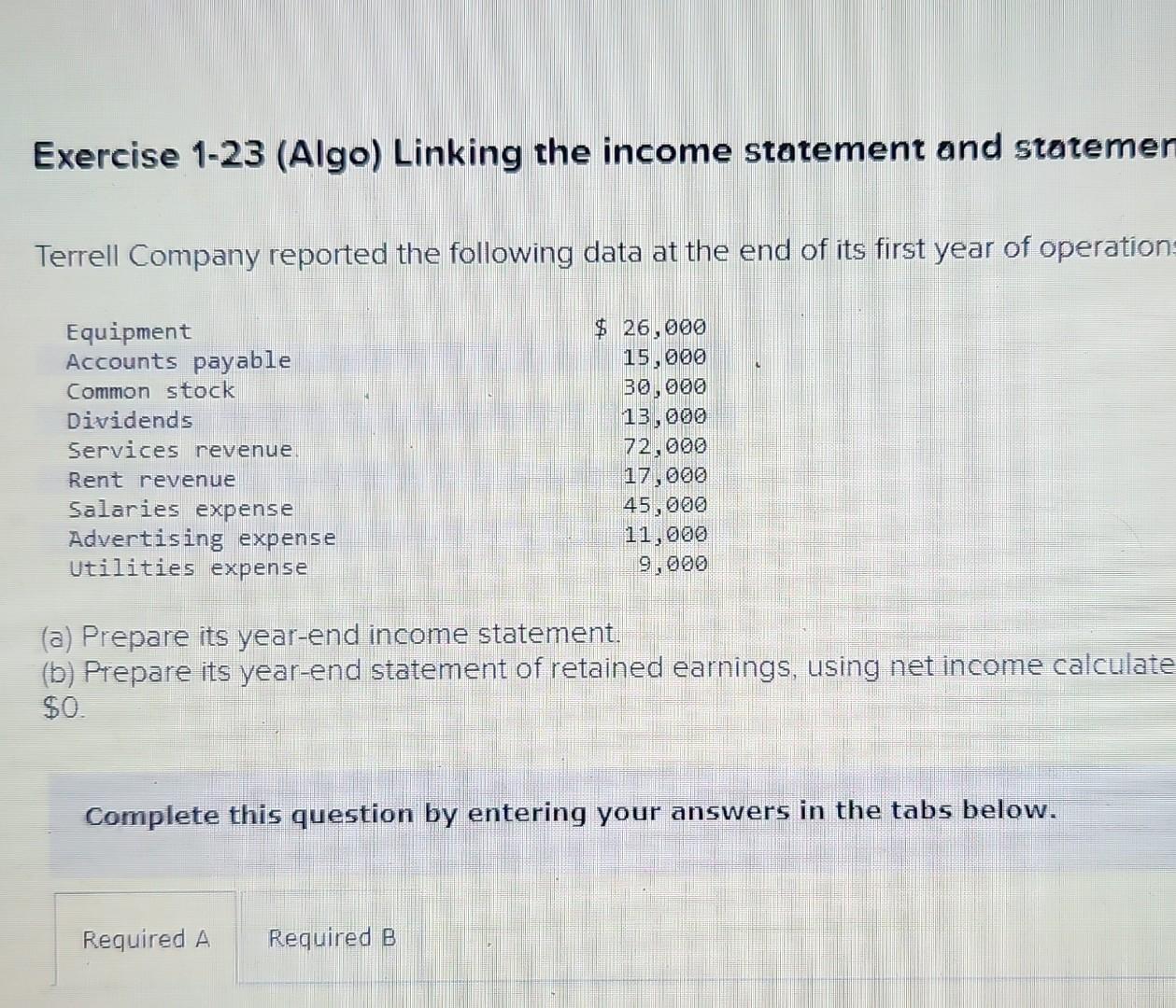 Solved Exercise 1-23 (Algo) Linking the income statement and | Chegg.com