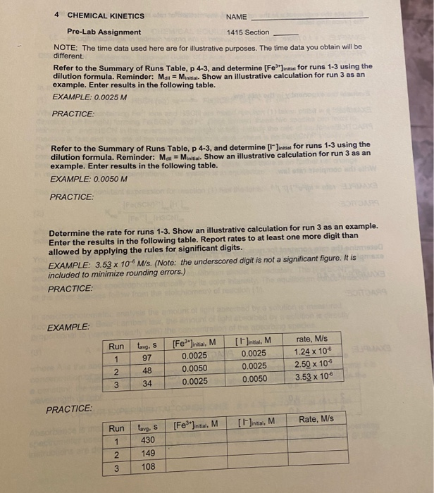 4 CHEMICAL KINETICS NAME Pre-Lab Assignment 1415 | Chegg.com