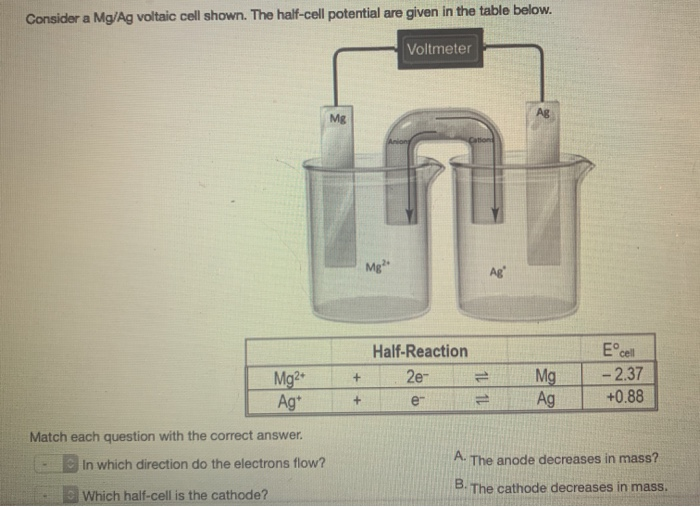 Solved Consider a Mg/Ag voltaic cell shown. The half-cell | Chegg.com