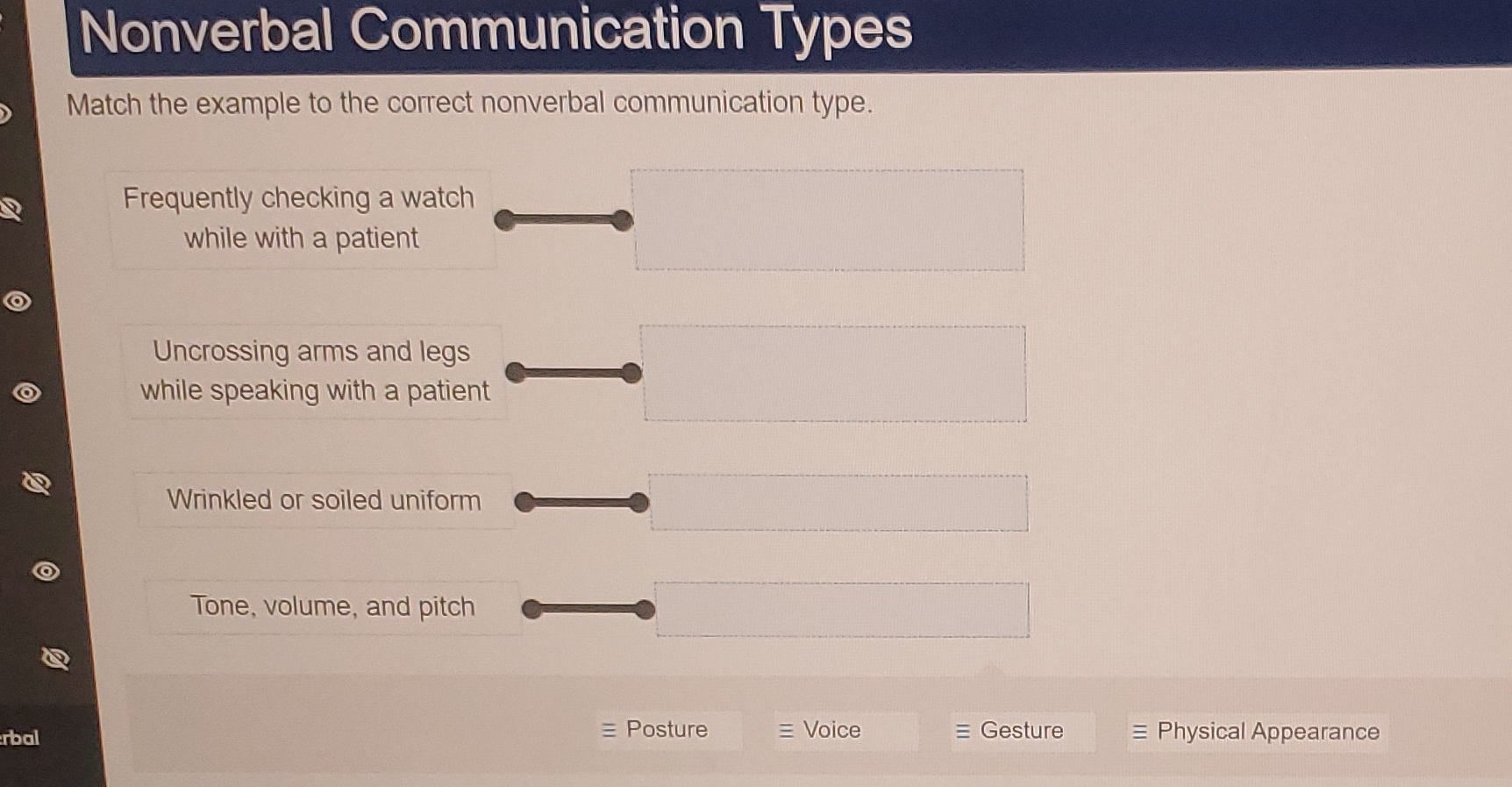 Solved Nonverbal Communication TypesMatch the example to the | Chegg.com