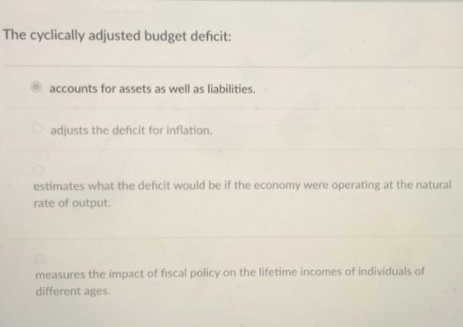 Solved The cyclically adjusted budget deficit: accounts for | Chegg.com