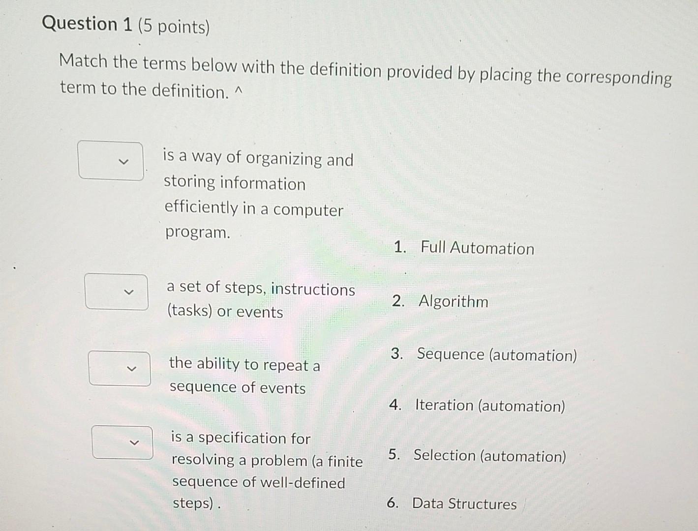 Solved Question 1 (5 points) Match the terms below with the | Chegg.com