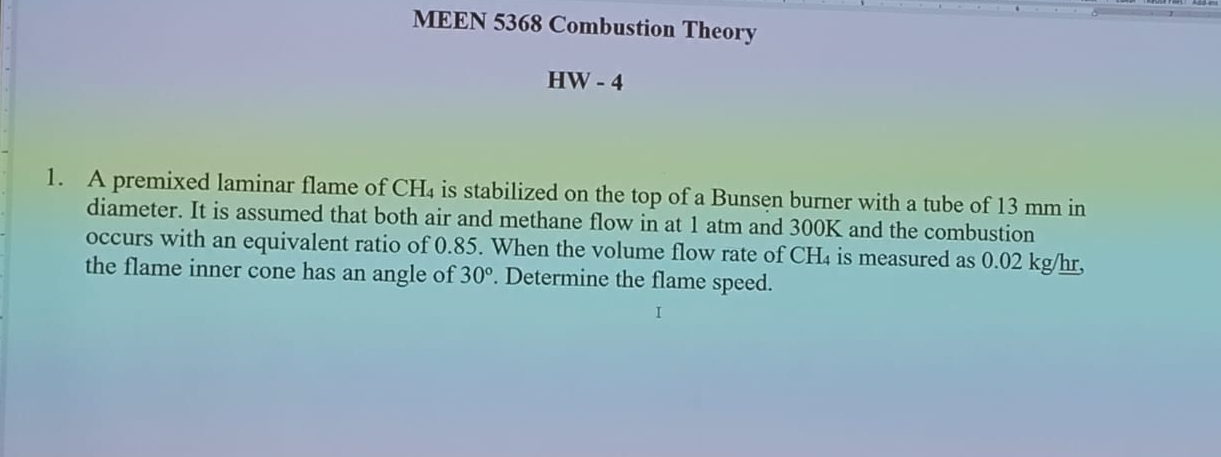 Solved MEEN 5368 ﻿Combustion Theory ﻿HW - 4A premixed | Chegg.com