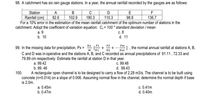 Solved 98. A catchment has six rain gauge stations. In a | Chegg.com