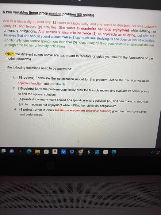 Solved A Two Variables Linear Programming Problem 80 0608