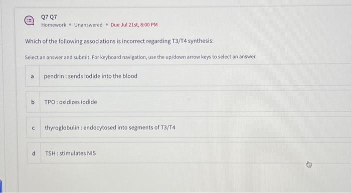 Solved Q7 Q7 Homework * Unanswered * Due Jul21st, 8:00 PM | Chegg.com