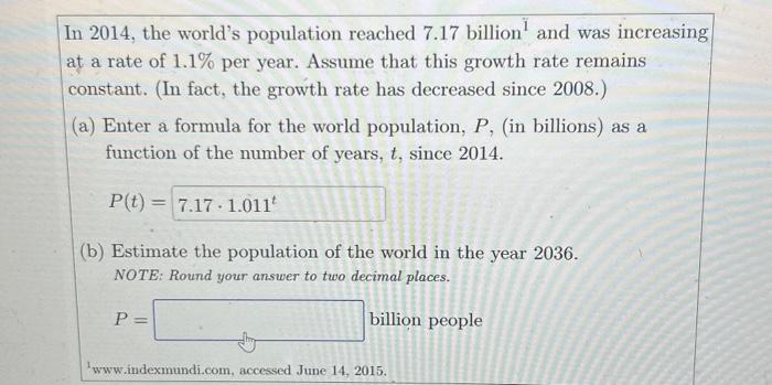 Solved In 2014 , the world's population reached 7.17 billion | Chegg.com