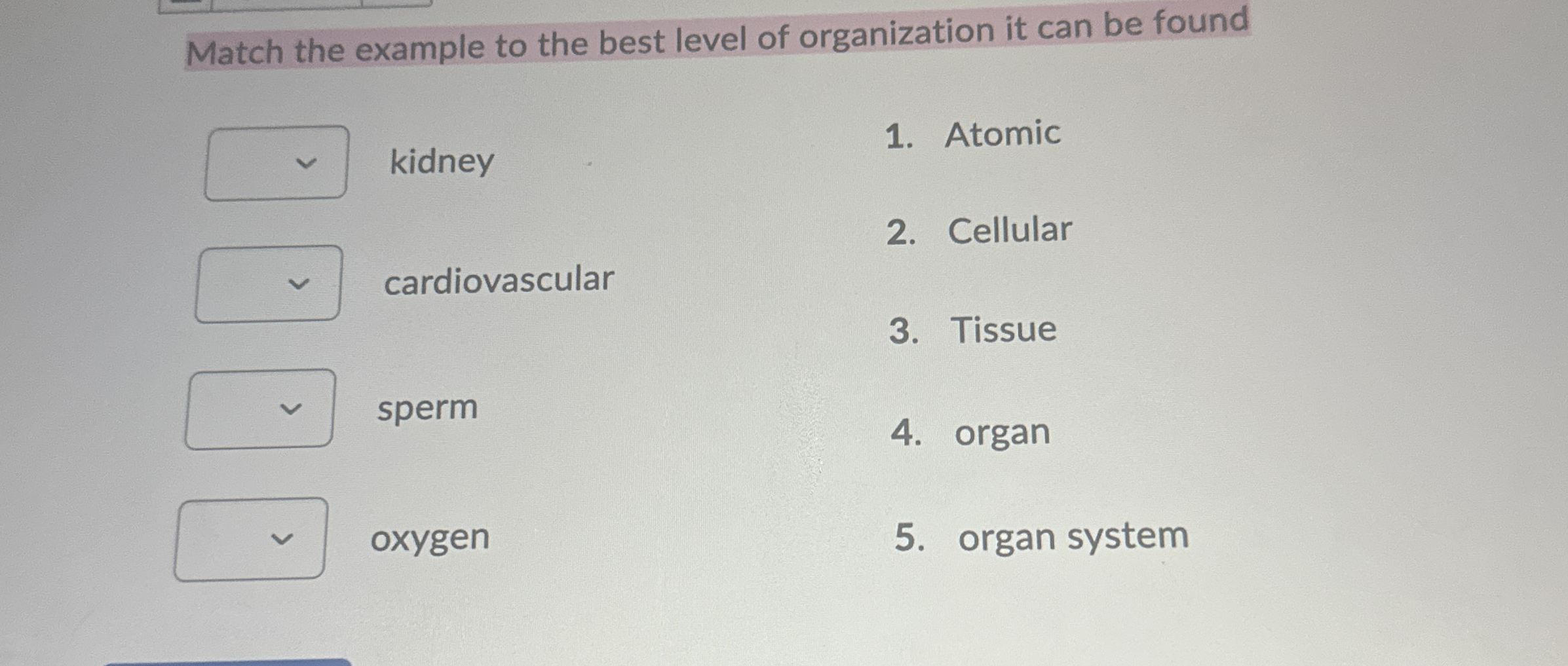 Solved Match the example to the best level of organization | Chegg.com