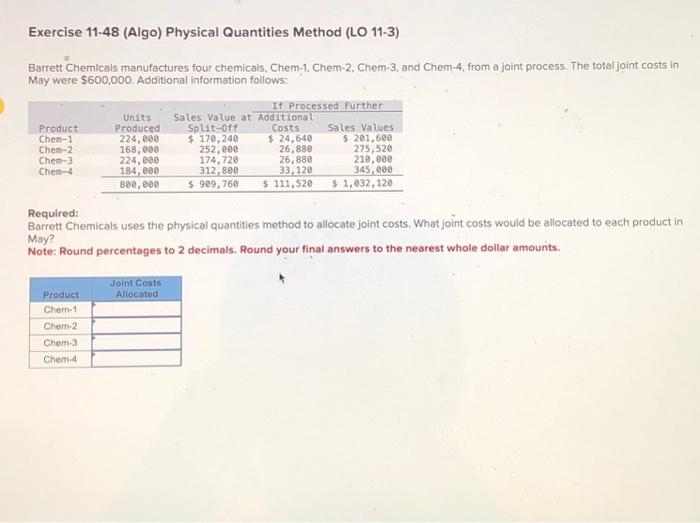 Solved Exercise 11-48 (Algo) Physical Quantities Method (LO | Chegg.com