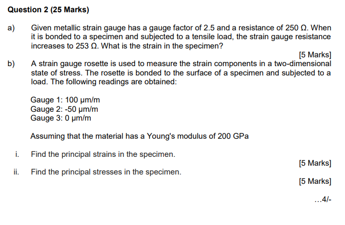 Solved Question 2 (25 ﻿Marks)a) ﻿Given metallic strain gauge | Chegg.com