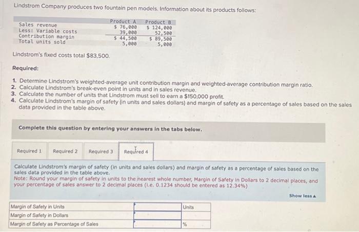 Solved Lindstrom Company produces two fountain pen models. | Chegg.com