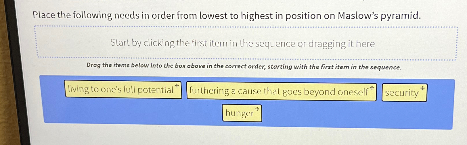 Solved Place the following needs in order from lowest to | Chegg.com