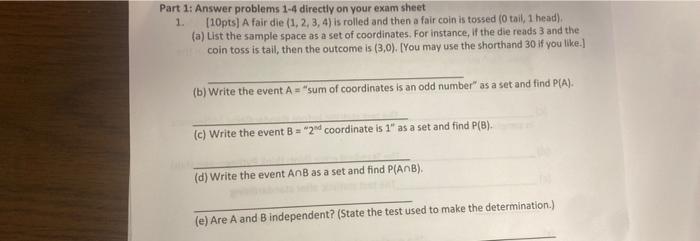 Solved Sart 1: Answer problems 1-4 directly on your exam | Chegg.com