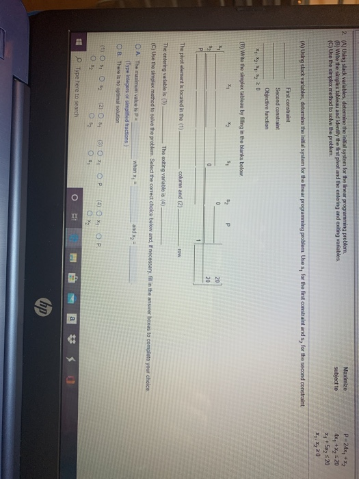 Solved 2. (A) Using slack variables, determine the initial | Chegg.com