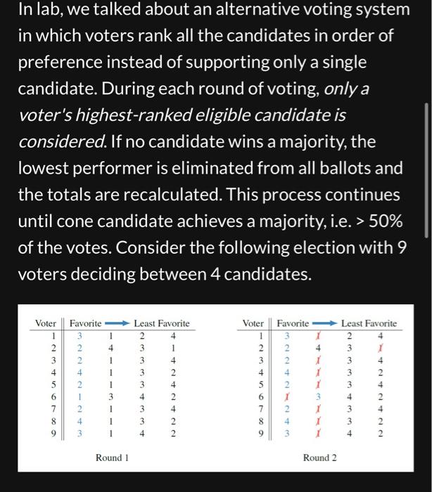 Solved In lab, we talked about an alternative voting system | Chegg.com