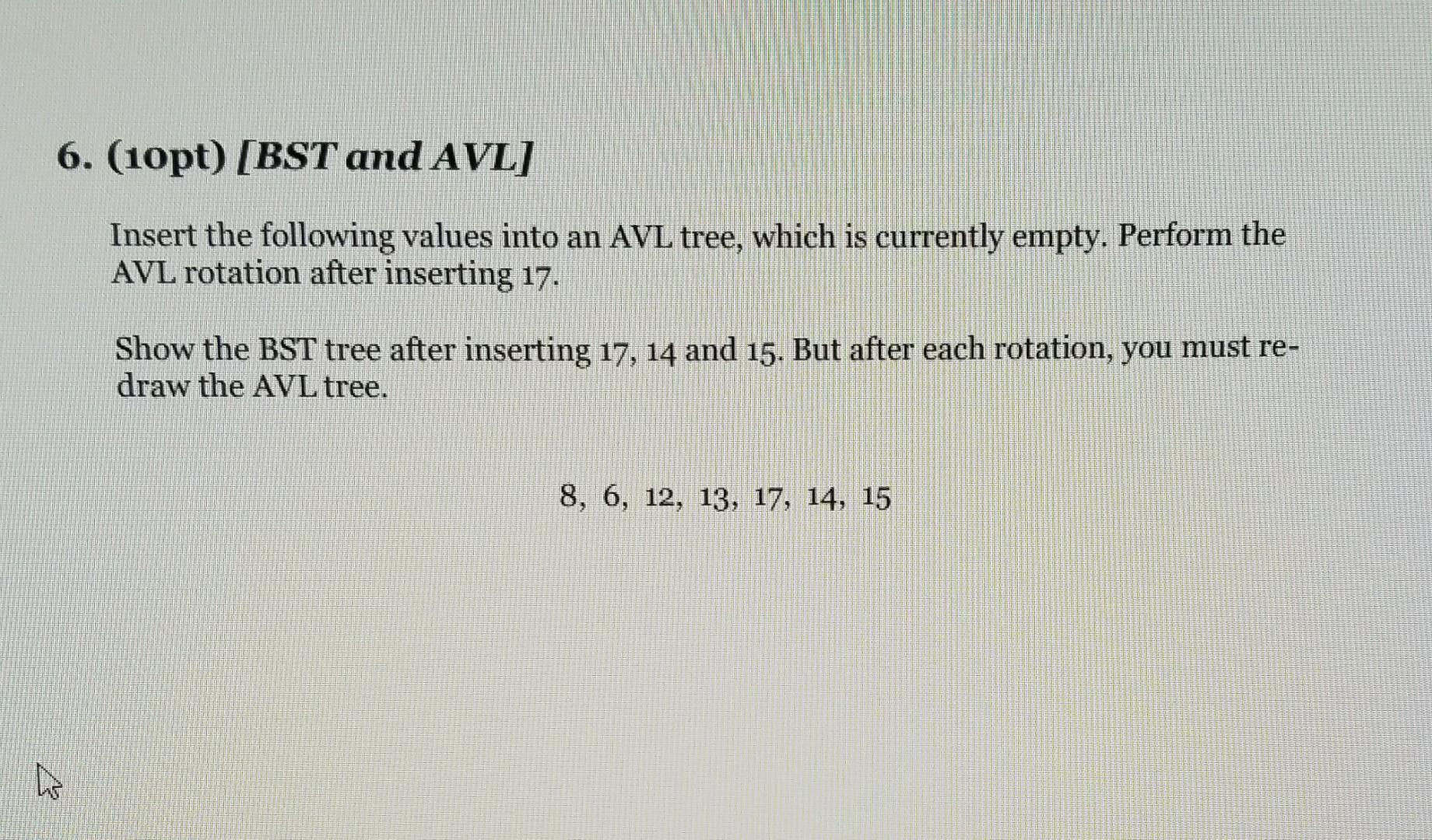 Solved 6. (10pt) [BST and AVL] Insert the following values | Chegg.com