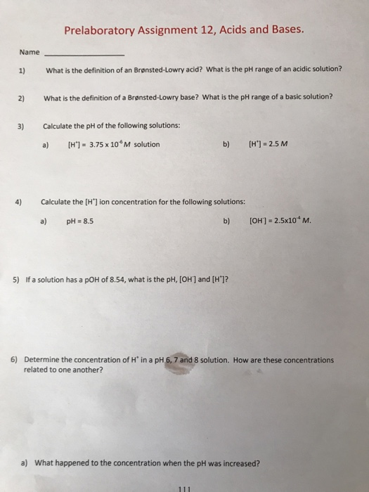 Solved Prelaboratory Assignment 12, Acids and Bases. Name 1) | Chegg.com