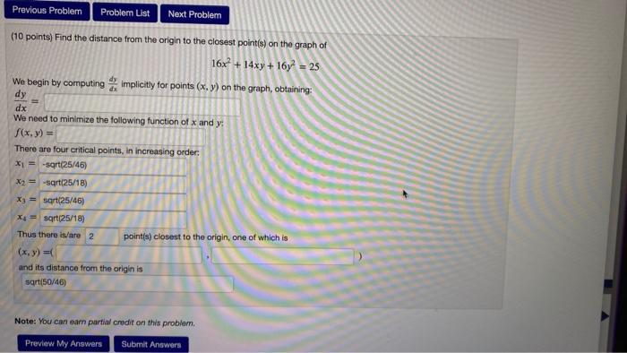 Solved (10 points) Find the distance from the origin to the | Chegg.com