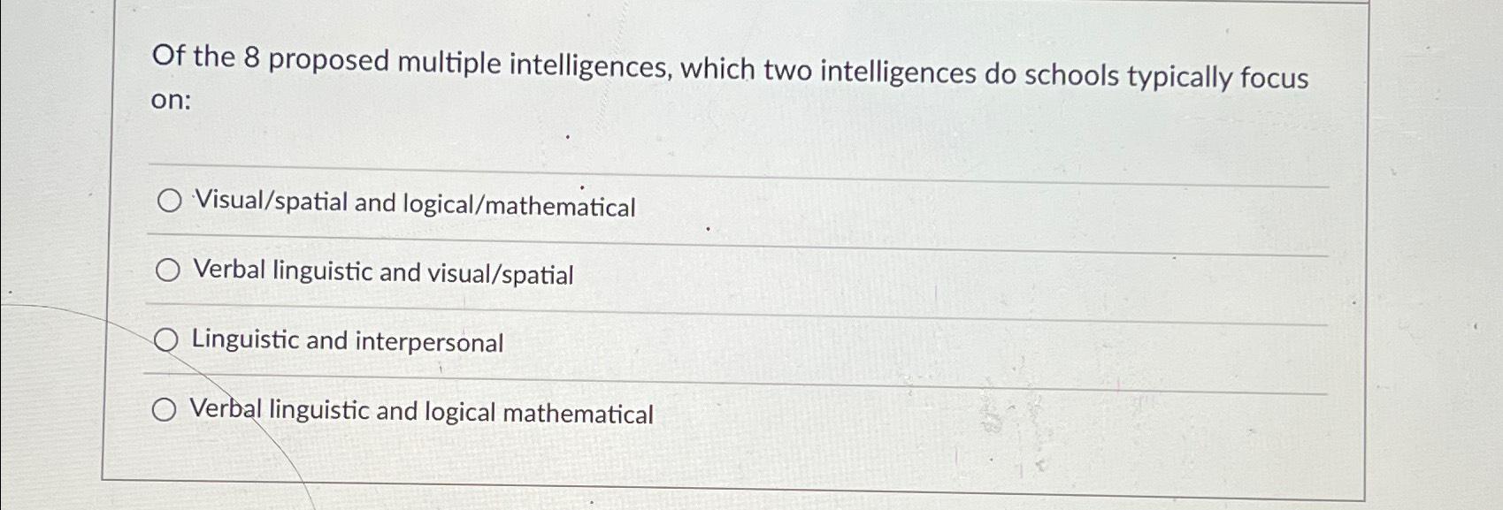 Solved Of the 8 ﻿proposed multiple intelligences, which two | Chegg.com