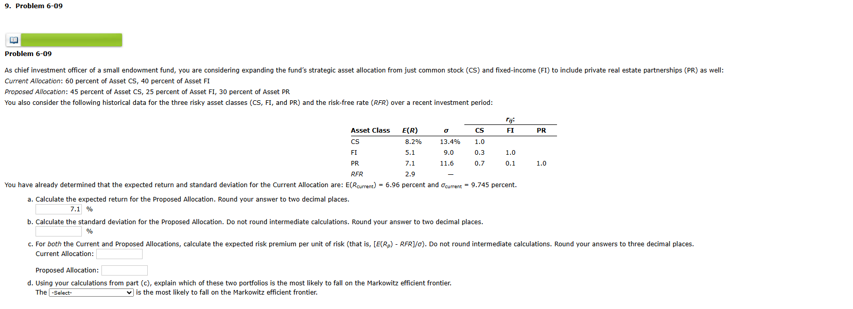 Solved Problem 6-09 ﻿Current Allocation: 60 ﻿percent of | Chegg.com