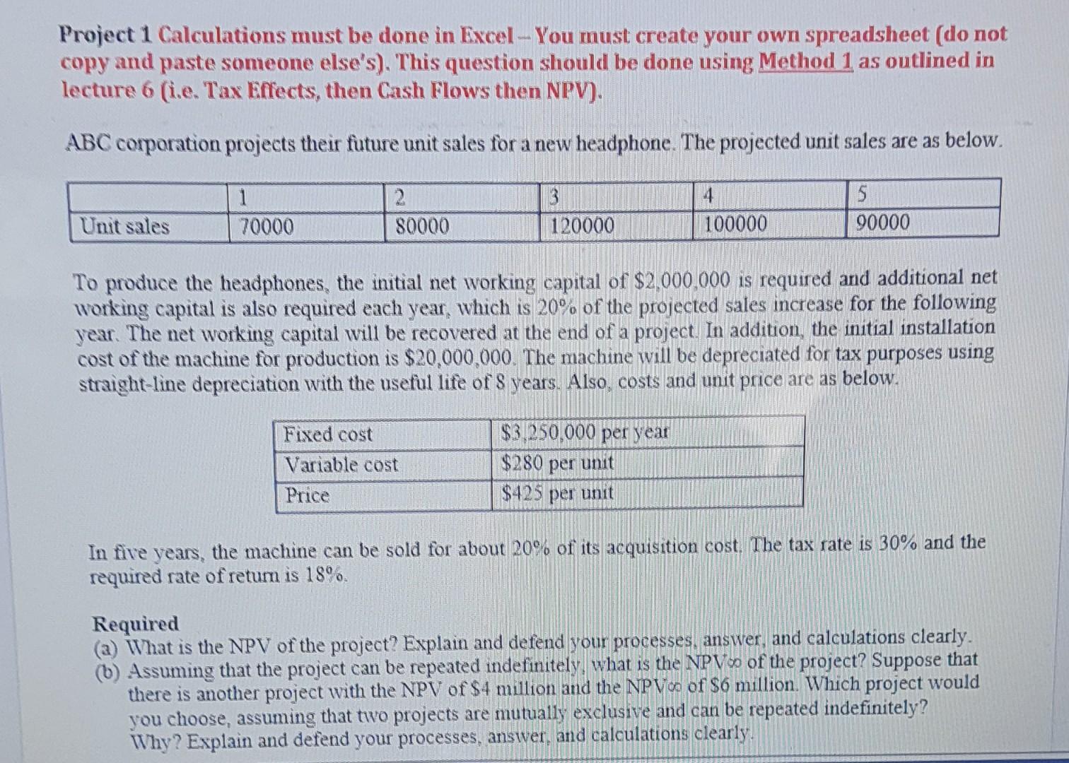 Solved Project 1 Calculations must be done in Excel - You | Chegg.com