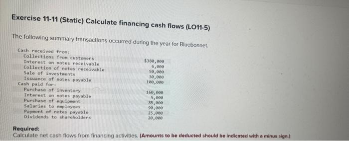 Solved Exercise 11-11 (Static) Calculate financing cash | Chegg.com